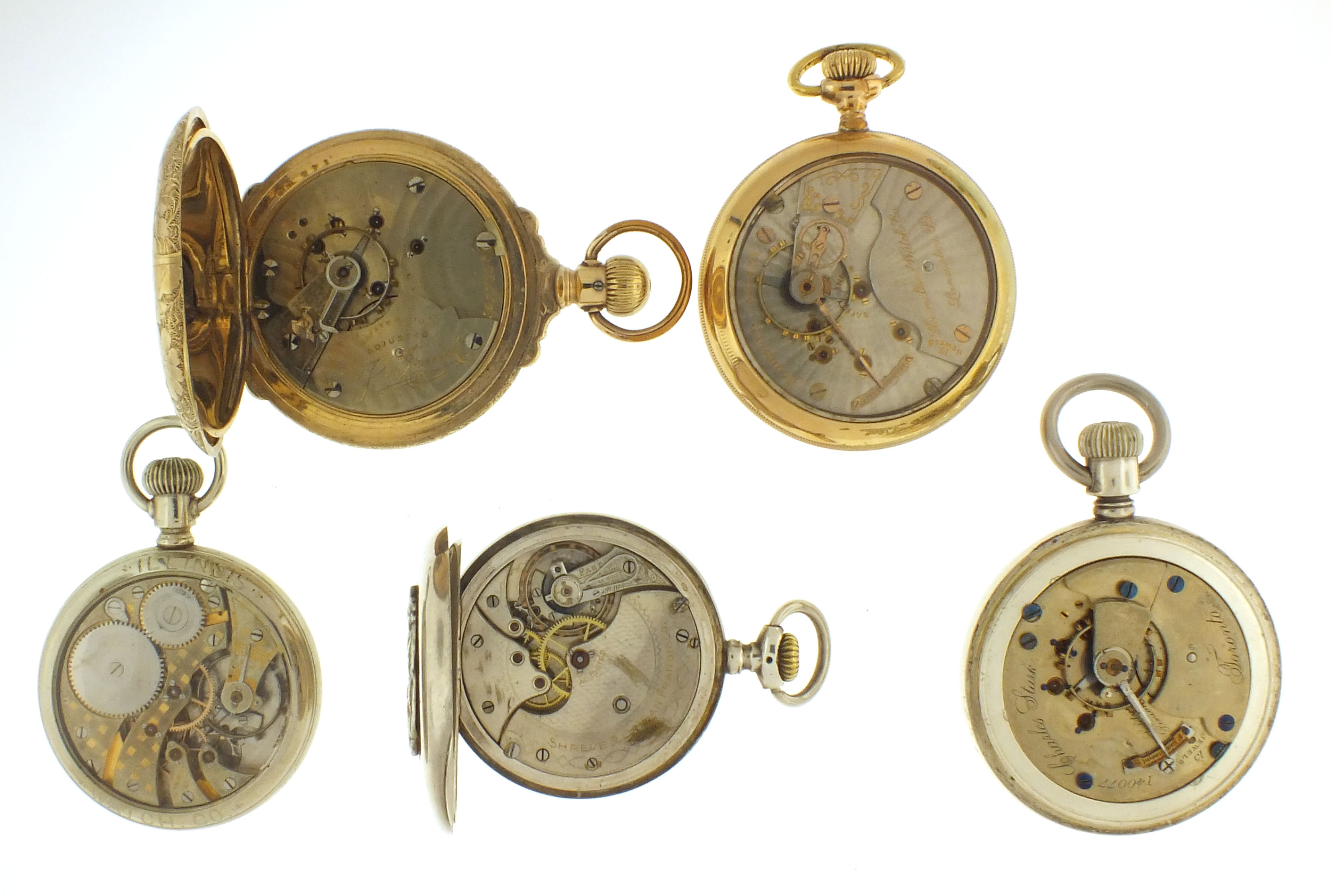 A lot of five American and Swiss pocket watches