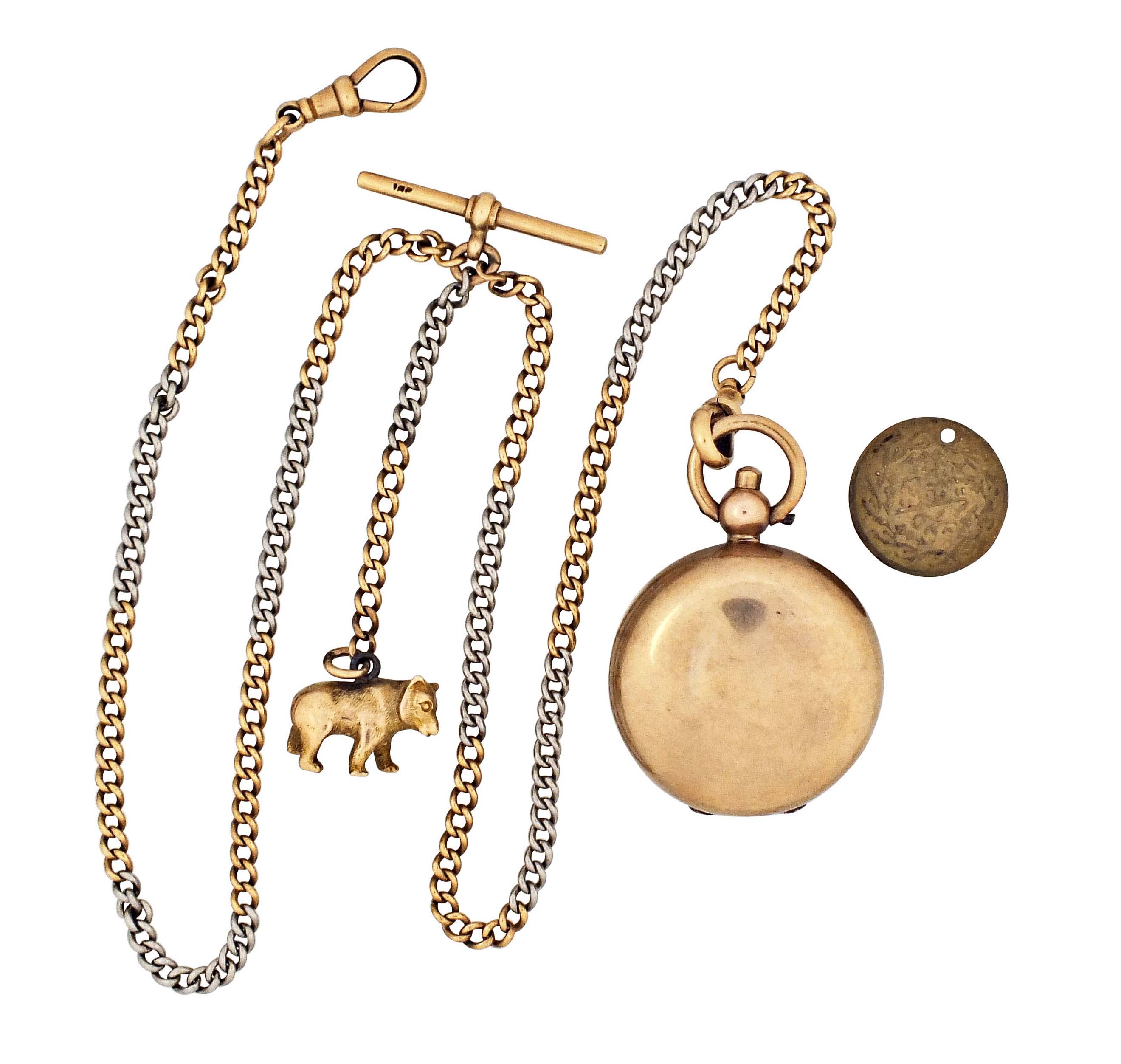 An early 20th century 18 karat gold double Albert watch chain and a ...