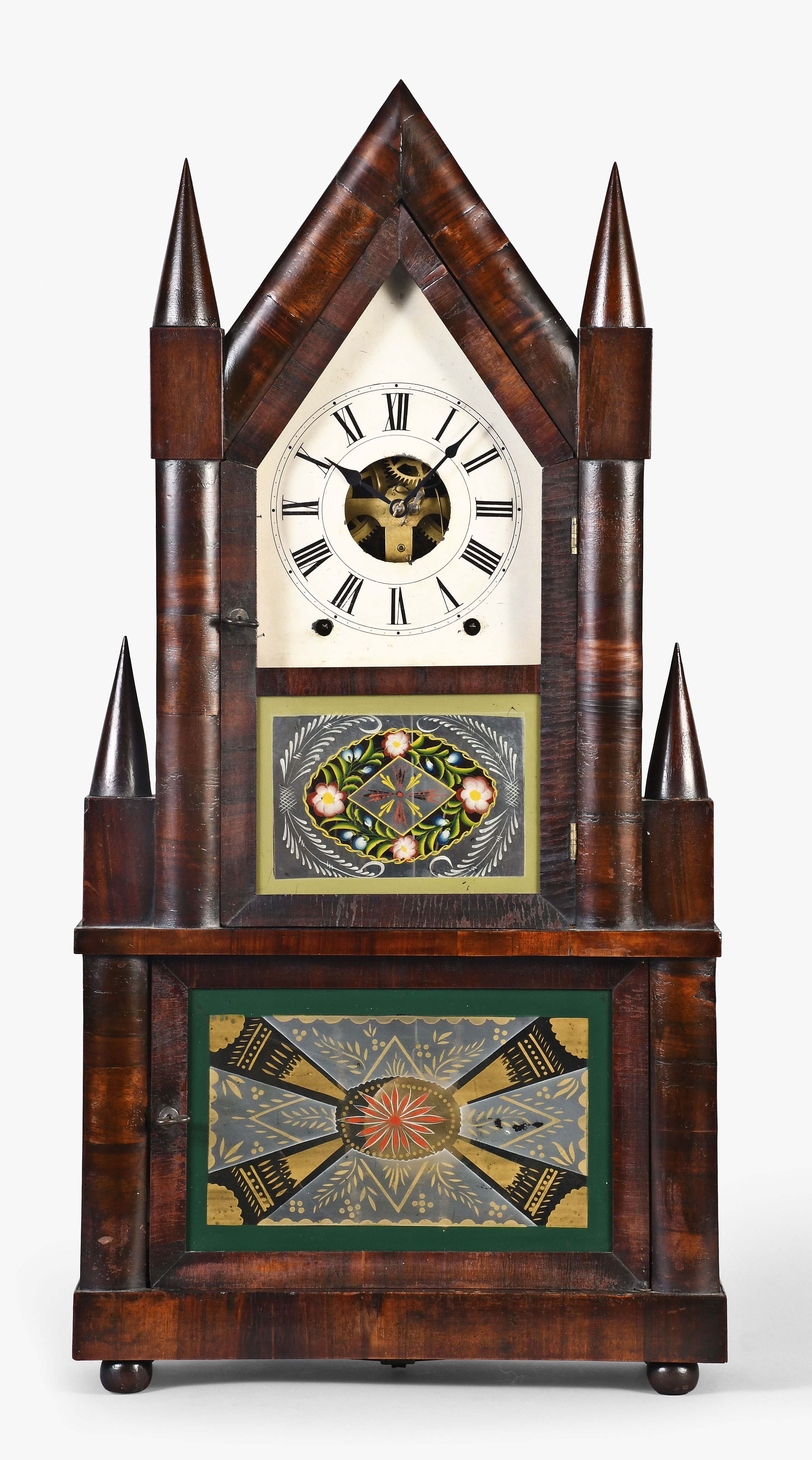A Birge & Fuller double steeple mantel clock with wagon spring