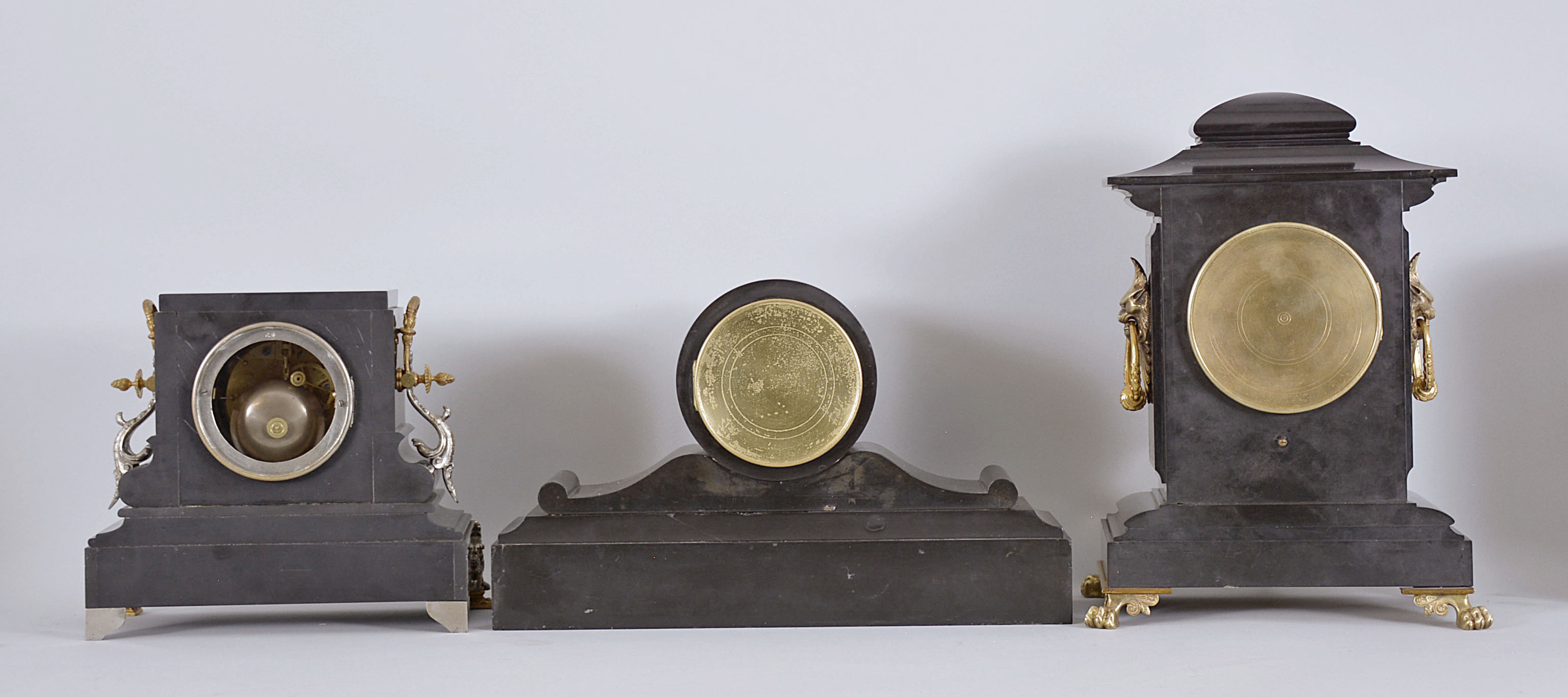 Three French polished black slate mantel clocks