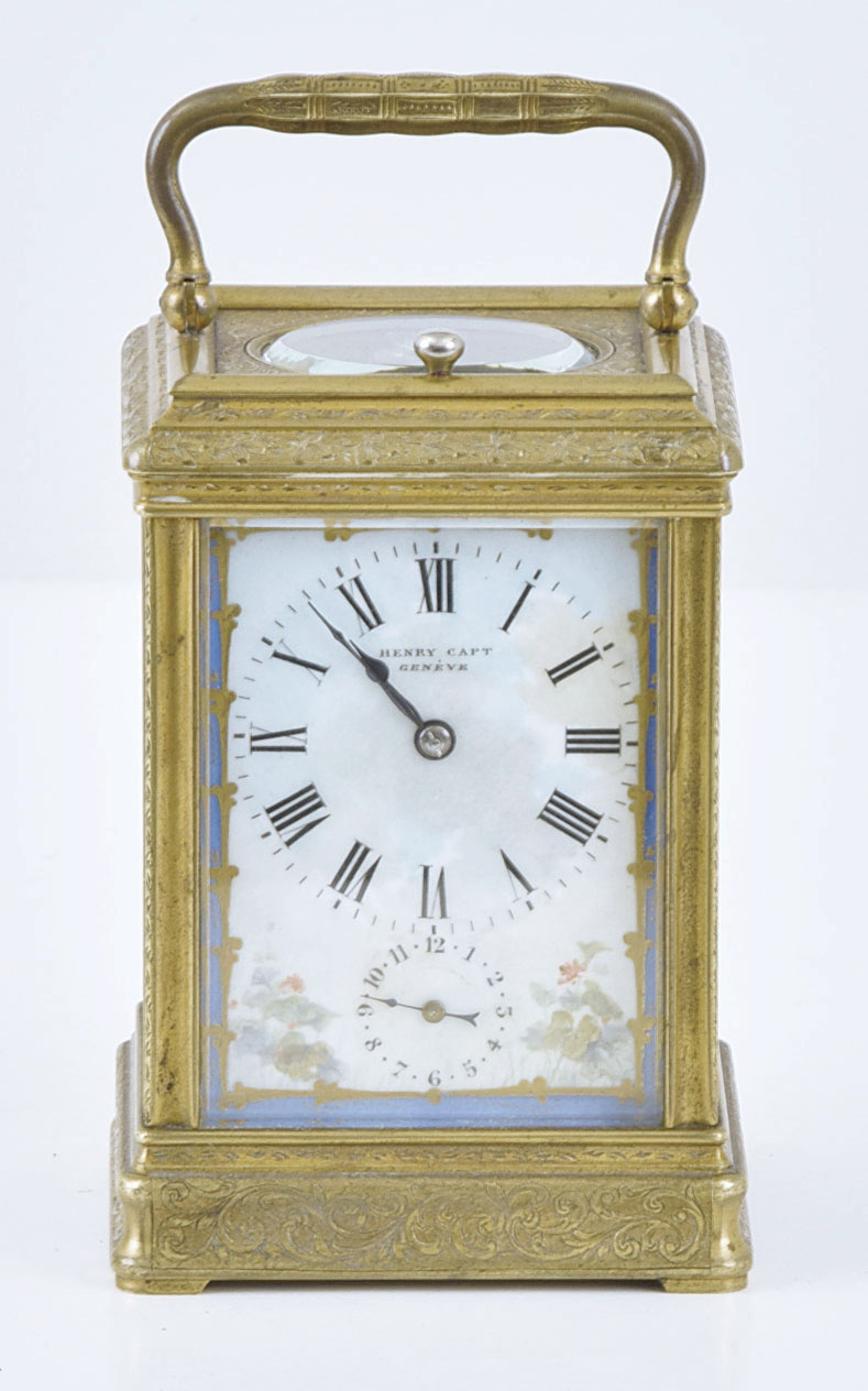 Porcelain paneled repeating carriage clock signed Henry Capt