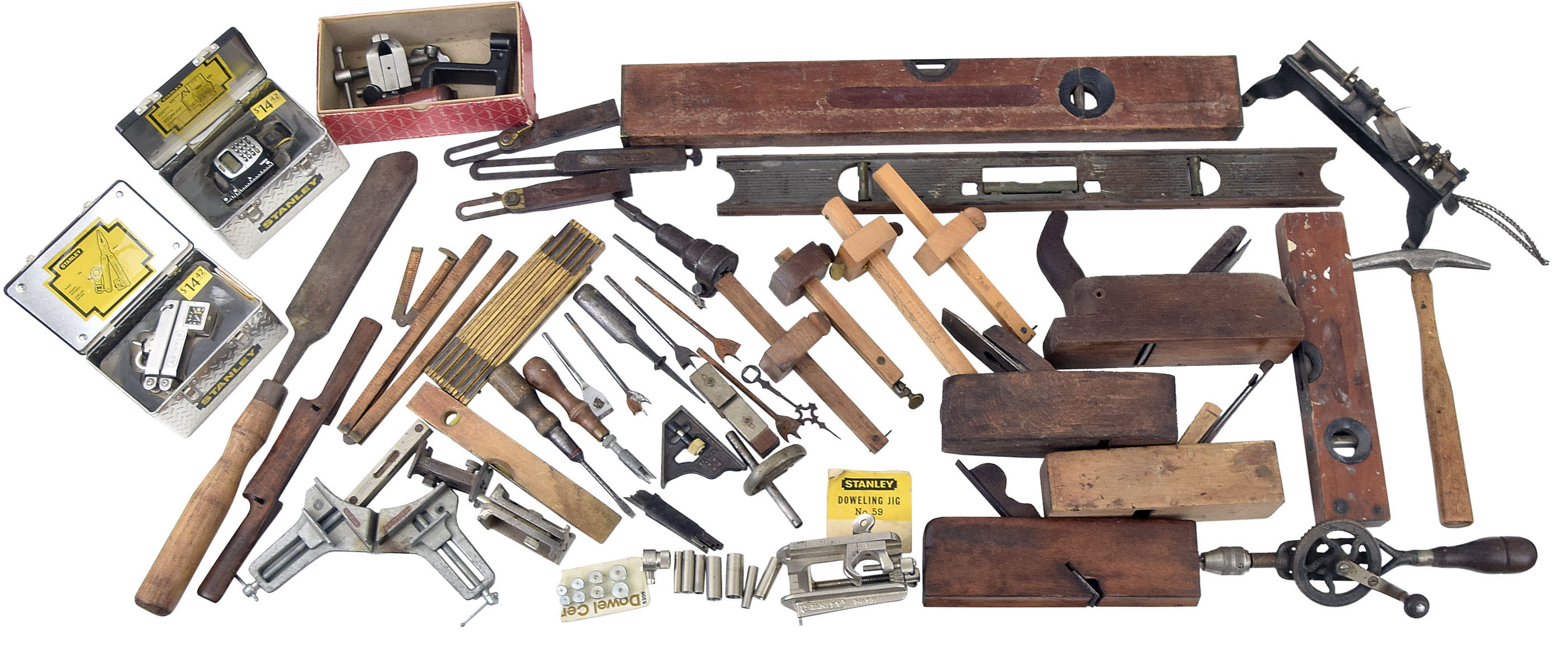 Thirty-five assorted tools include Stanley, Starret, and others
