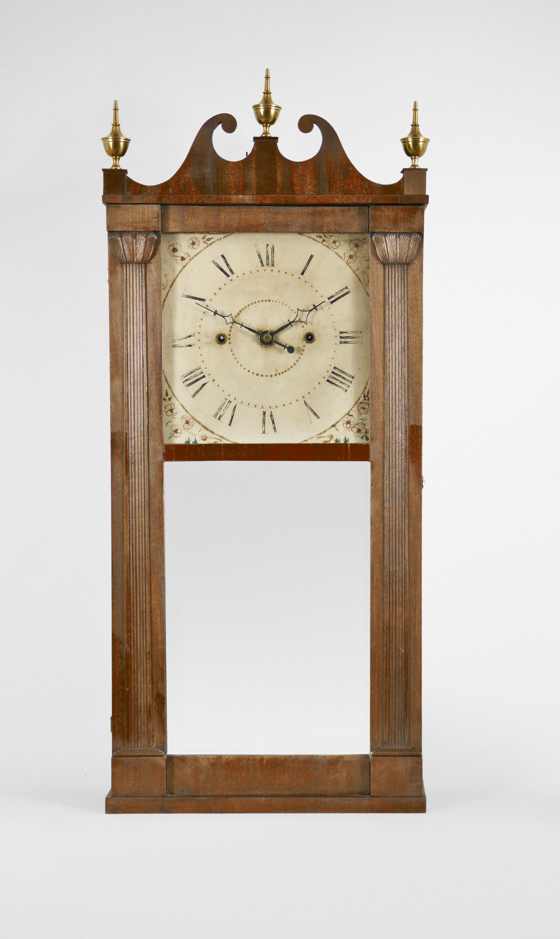 Orrin Hart wood movement reeded pilaster & scroll top shelf clock.