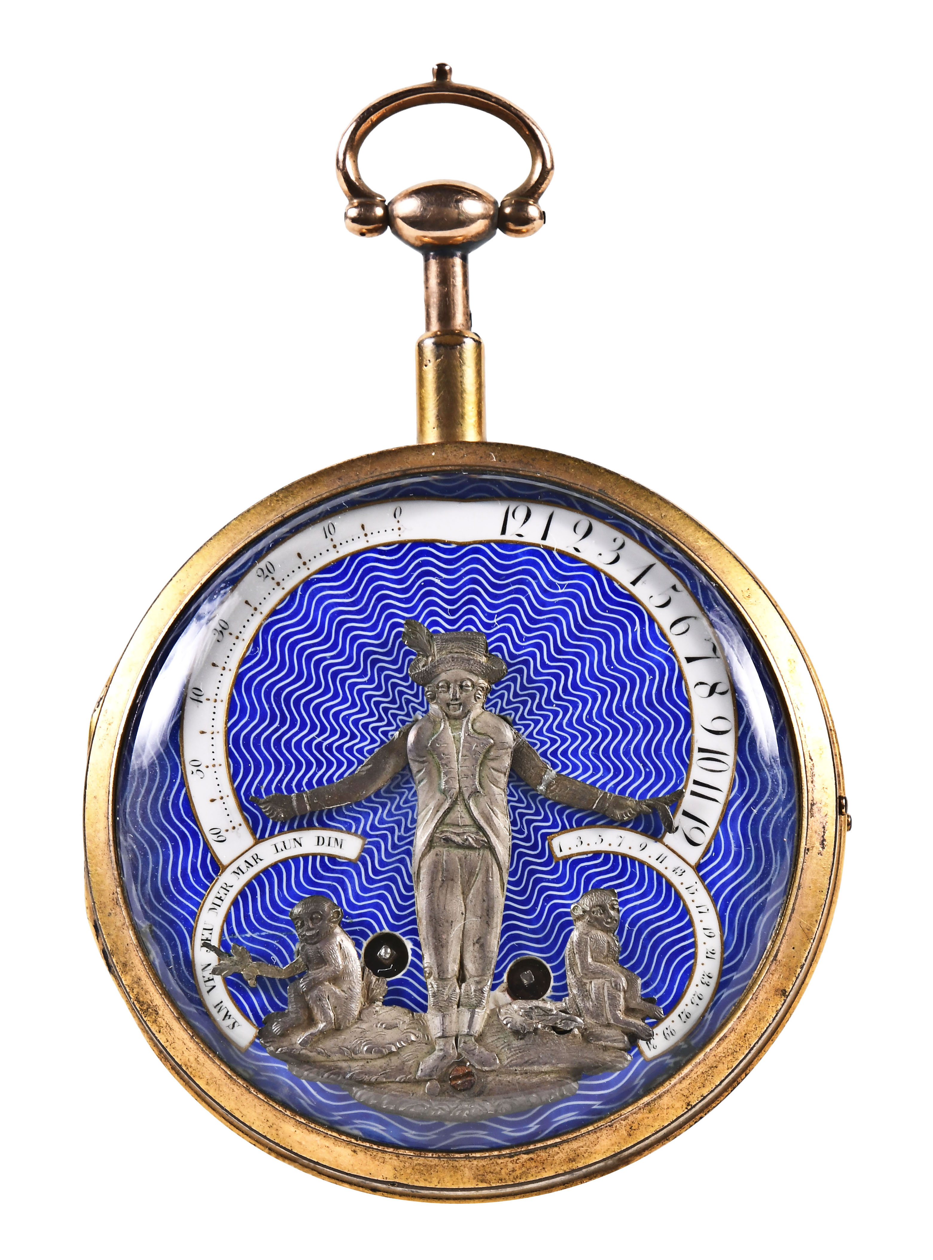 A good early 19th century Swiss bras en l'air pocket watch with day ...