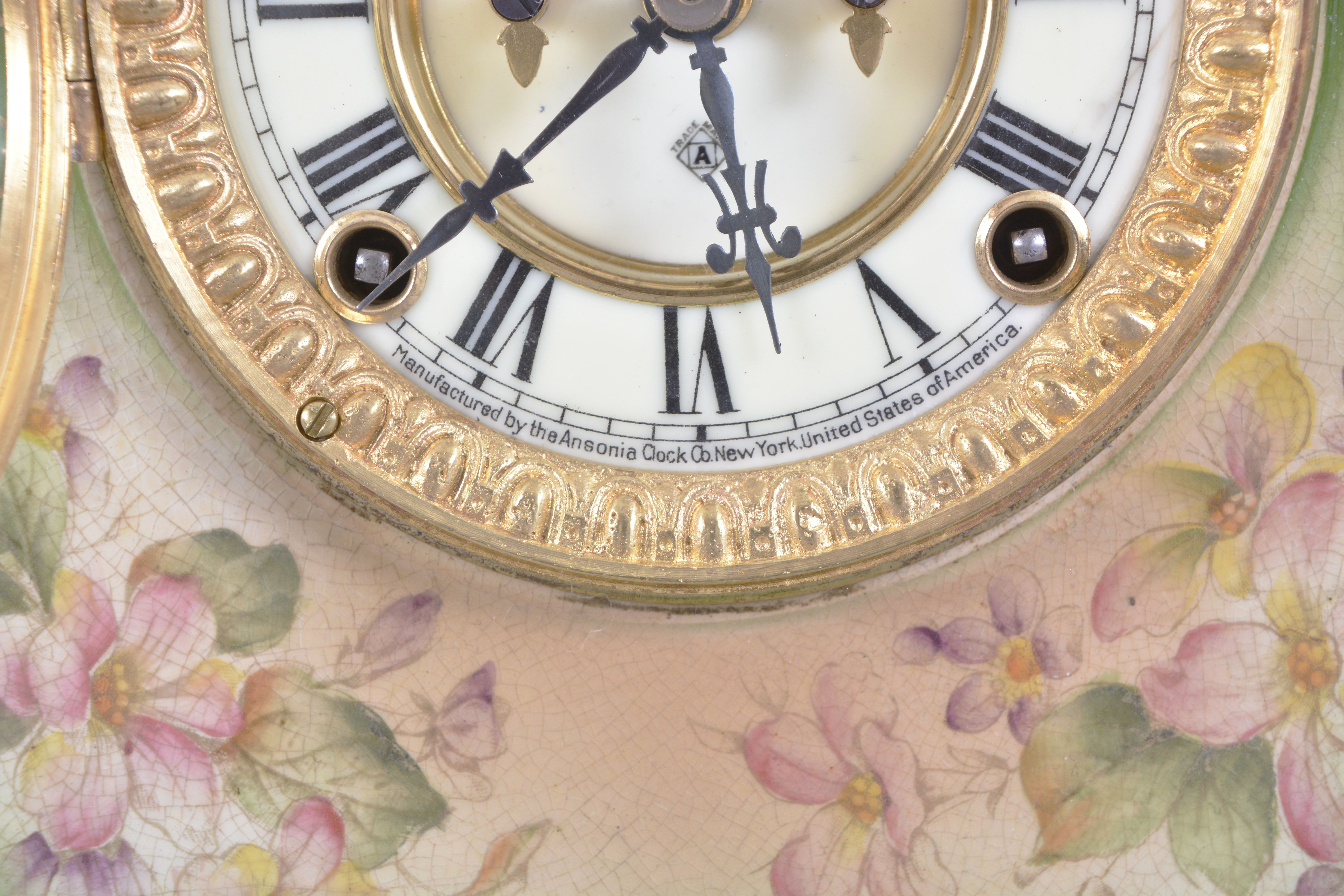 Ansonia Clock Co., New York, NY, "Register", 8 day, porcelain mantel clock.